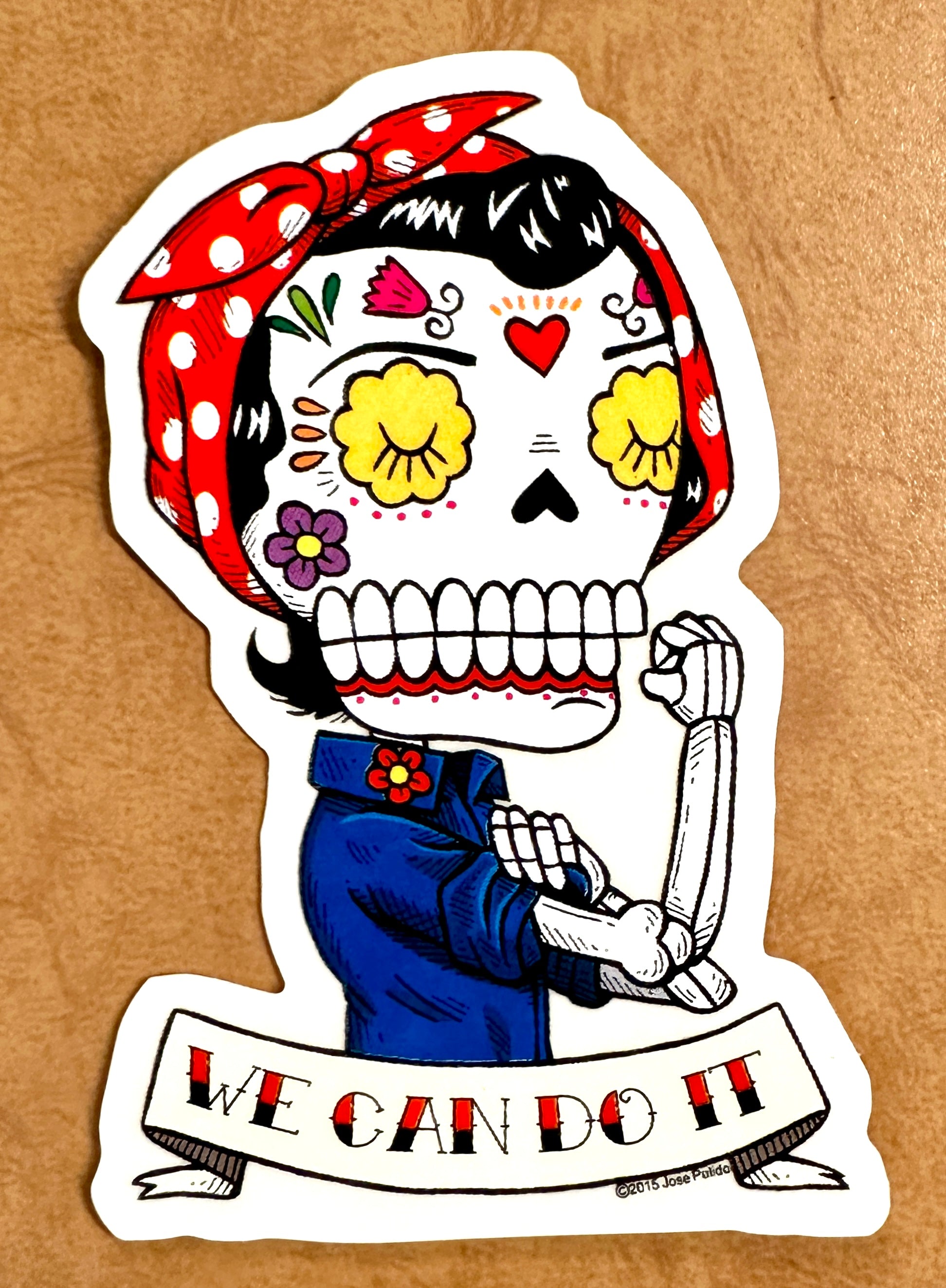 Rosie The Riveter Sugar Skull Sticker – www.shoptherocket.com